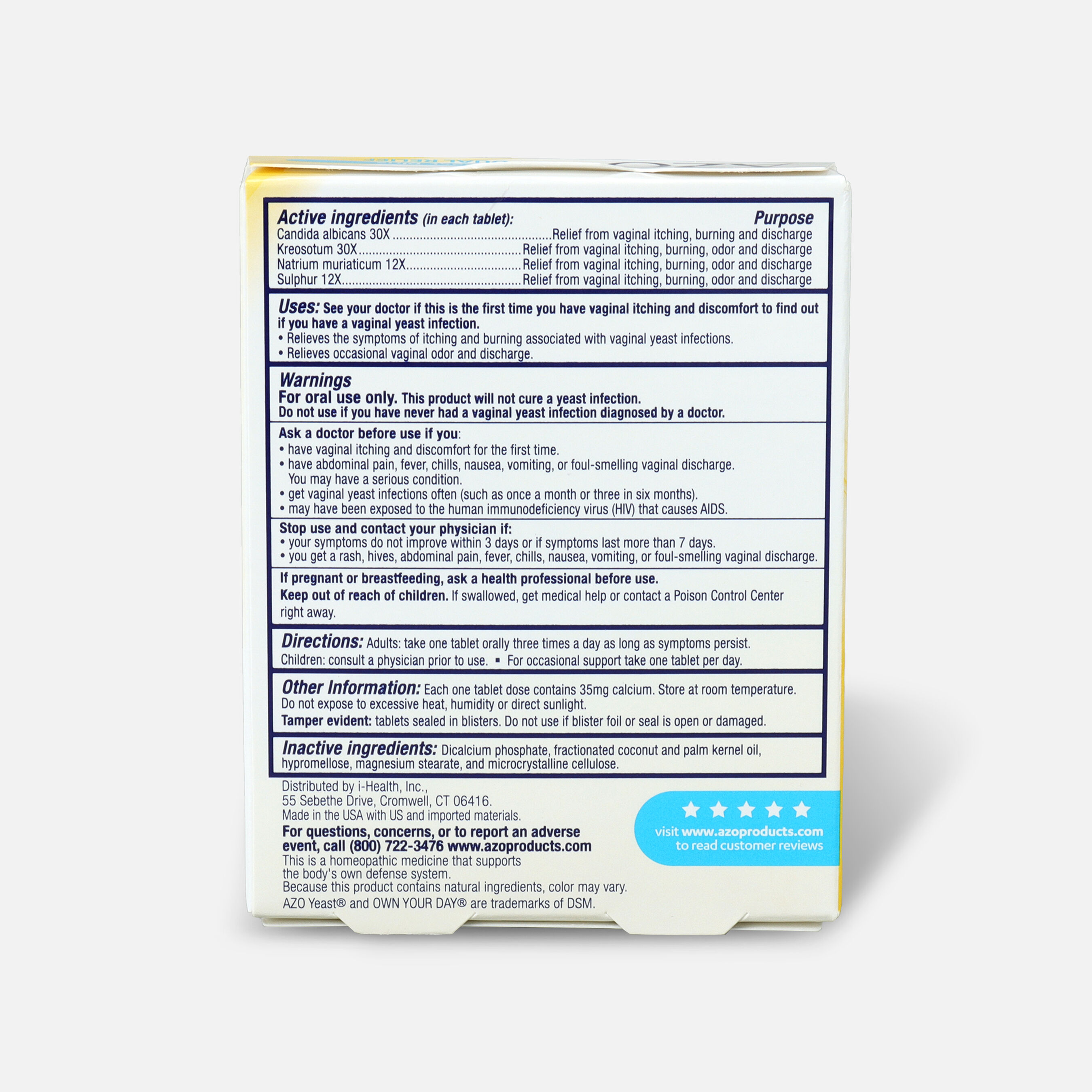 AZO Yeast, Natural Symptom Prevention & Relief, 400 mg, Tablets, 60 ct.