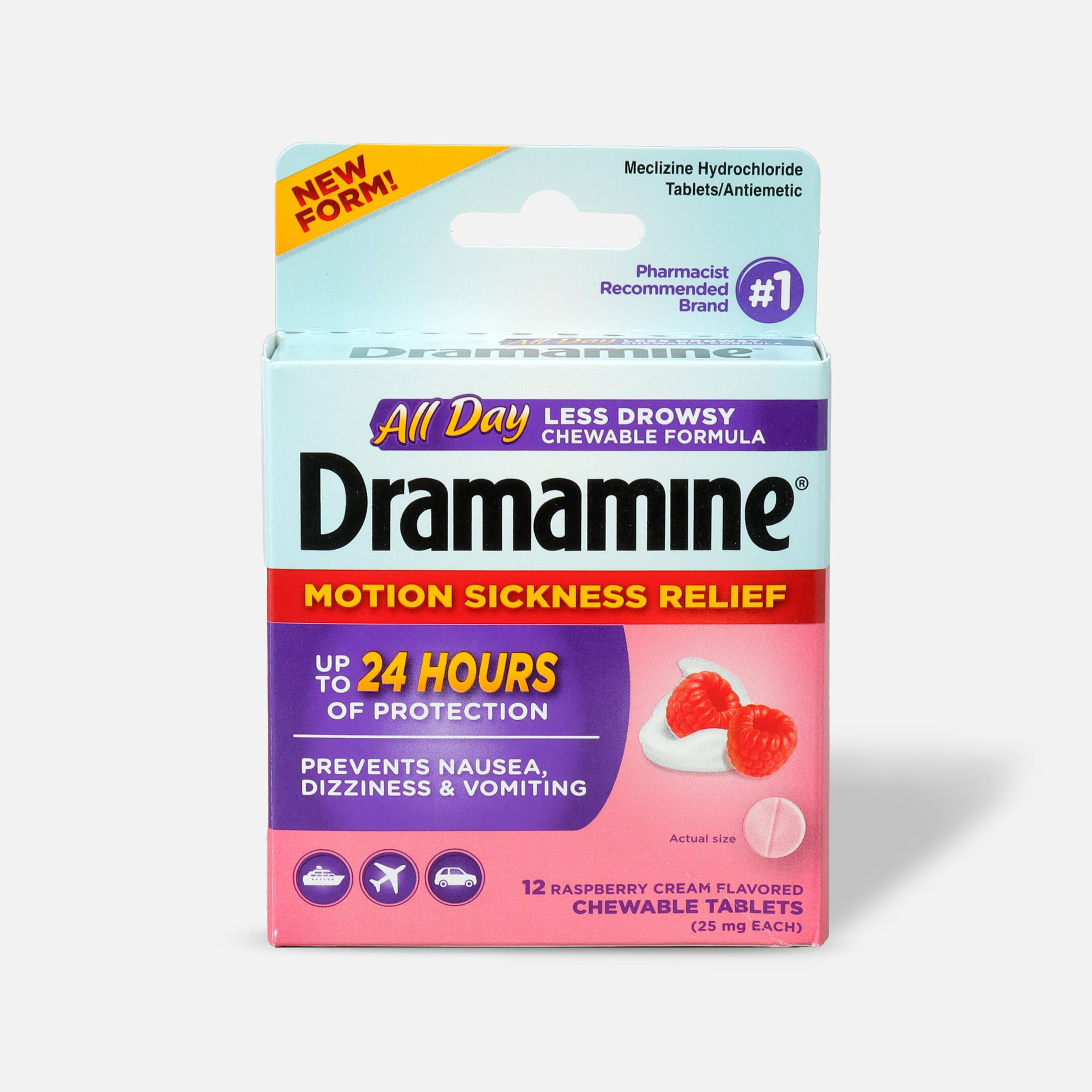 Dramamine Motion Sickness Relief All Day Chewable Tablets, Raspberry Cream, 12 ct.
