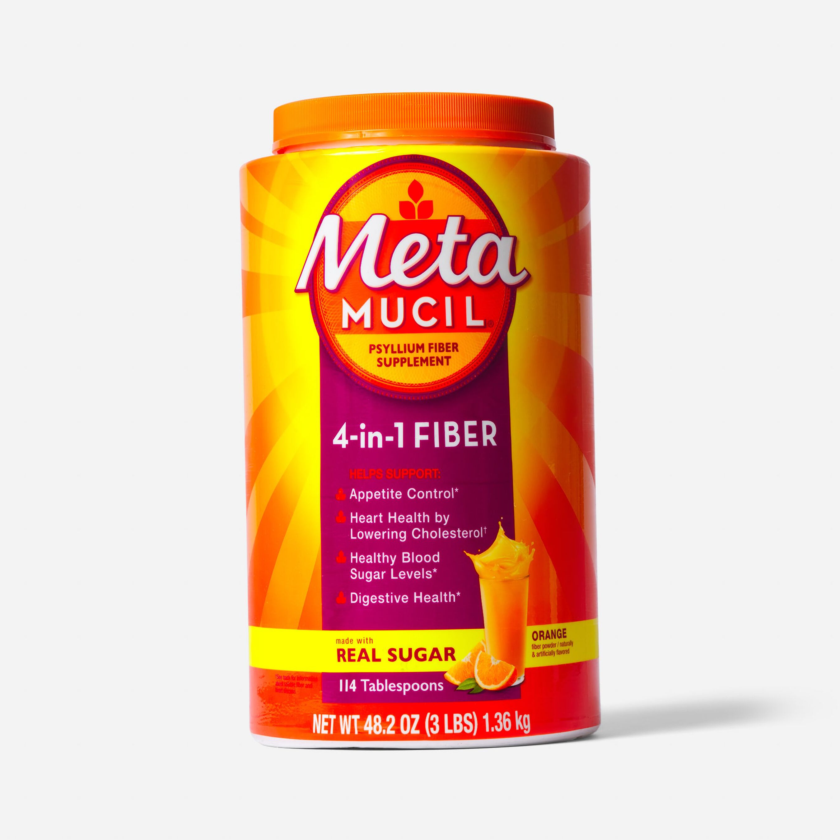 Metamucil Psyllium Fiber Supplement Powder with Real Sugar, Orange ...