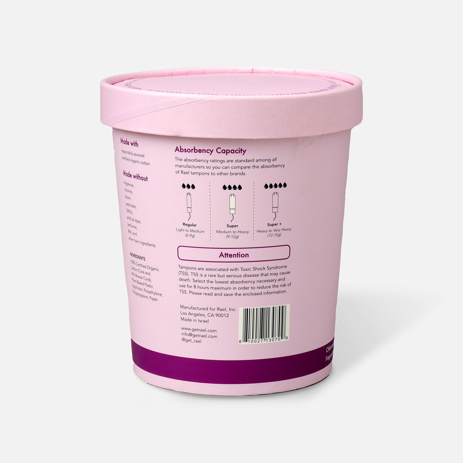 Rael Organic Cotton Core Tampons with Plant Based Compact Applicators