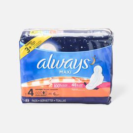 Always Maxi Pads Size 4 Overnight Absorbency Unscented with Wings, 33 ...