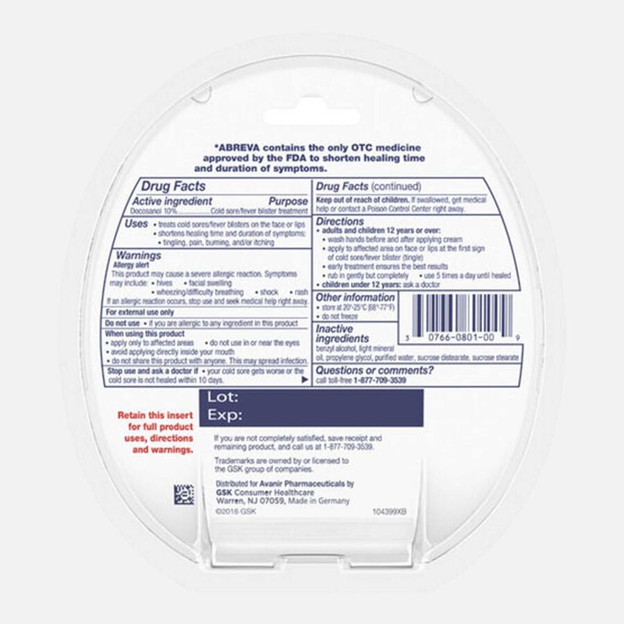 FSA Eligible Abreva, Docosanol 10% Cream Tube, Treatment for Cold Sore ...