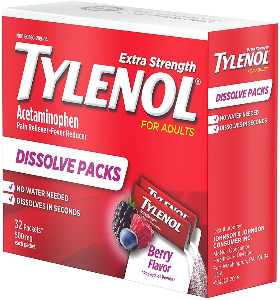 Tylenol Pain and Fever Powder Packs for Adults, Berry Flavor, 32 ct.